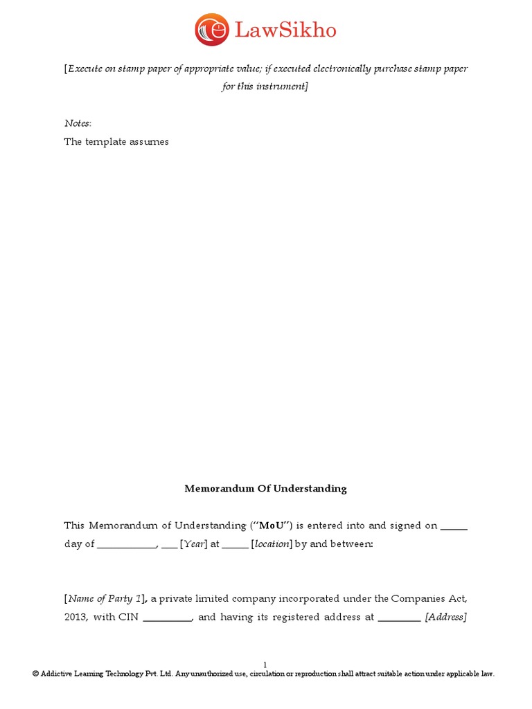 Template - Memorandum of Understanding (MOU) - 1594286998 | PDF | Indemnity | Breach Of Contract