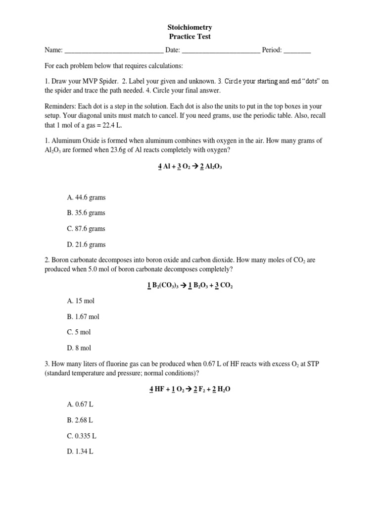 Stoichiometry Practice Test: 4 Al + 3 O 2 Al O | PDF | Stoichiometry ...