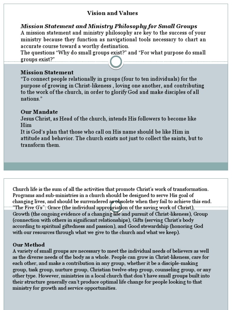 Mission Statement and Ministry Philosophy For Small Groups | PDF ...