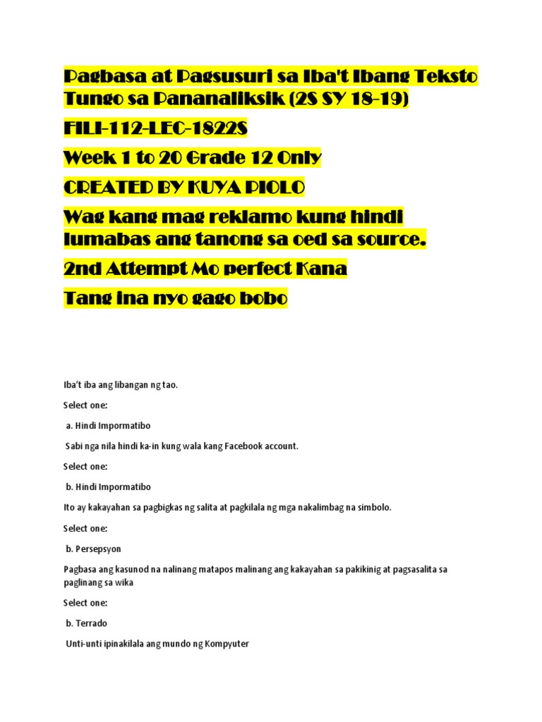 Pagbasa at Pagsusuri Sa Ibat Ibang Teksto Tungo Sa Pananaliksik 2S SY 18 19 FILI 112 LEC 1822S ...