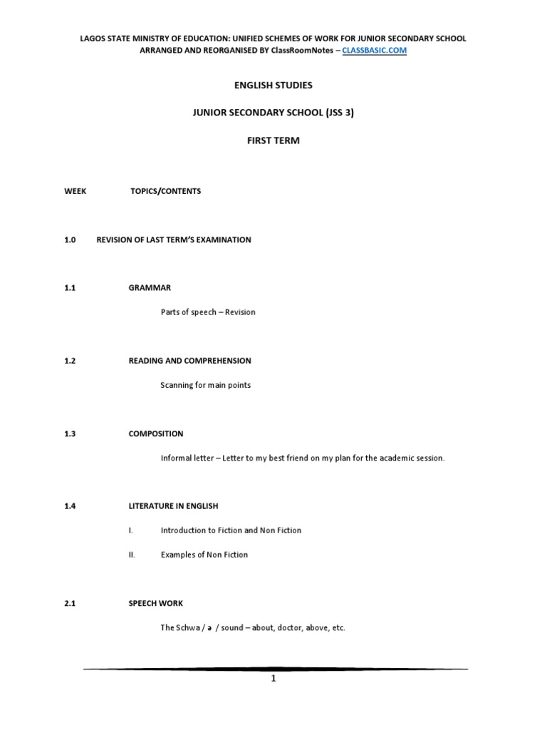 English Studies Junior Secondary School (Jss 3) First Term | PDF ...