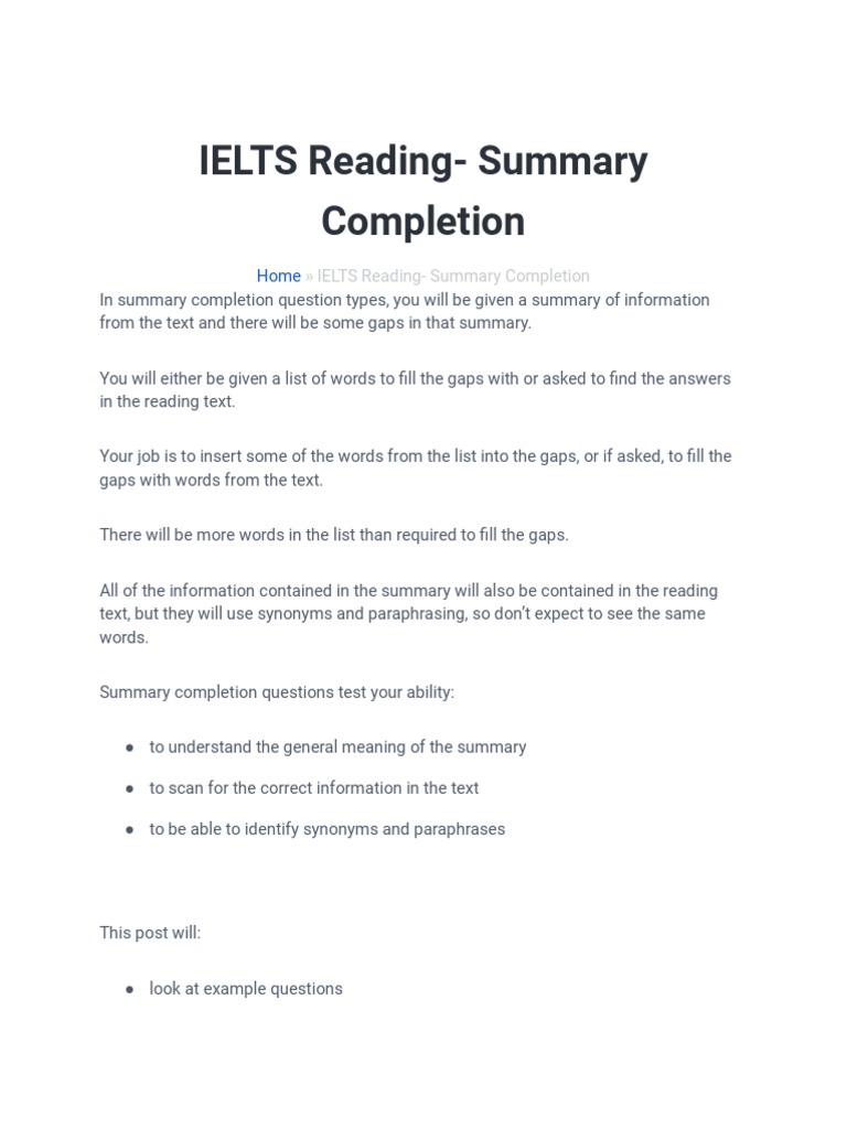 IELTS Reading: Summary Completion Guide | PDF | International English ...
