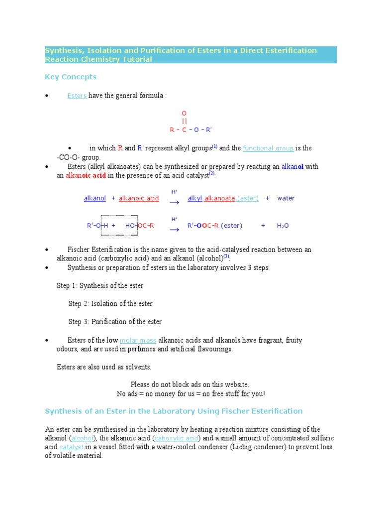 Key Concepts: Synthesis, Isolation and Purification of Esters in A ...