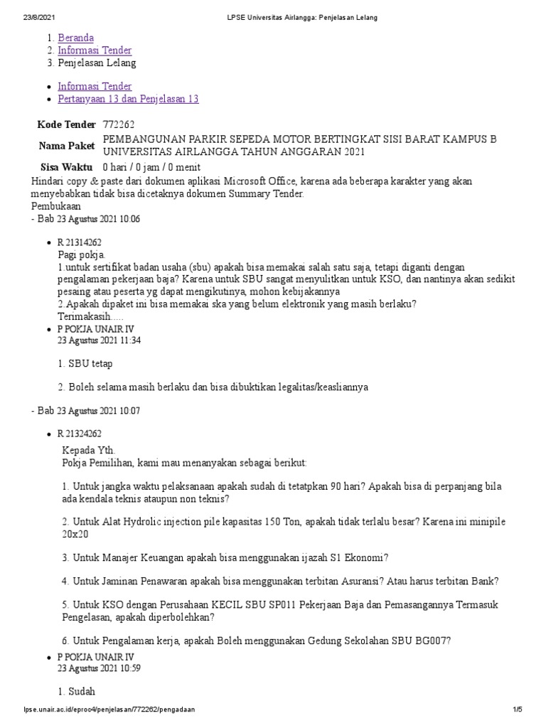 LPSE Universitas Airlangga - Penjelasan Lelang | PDF