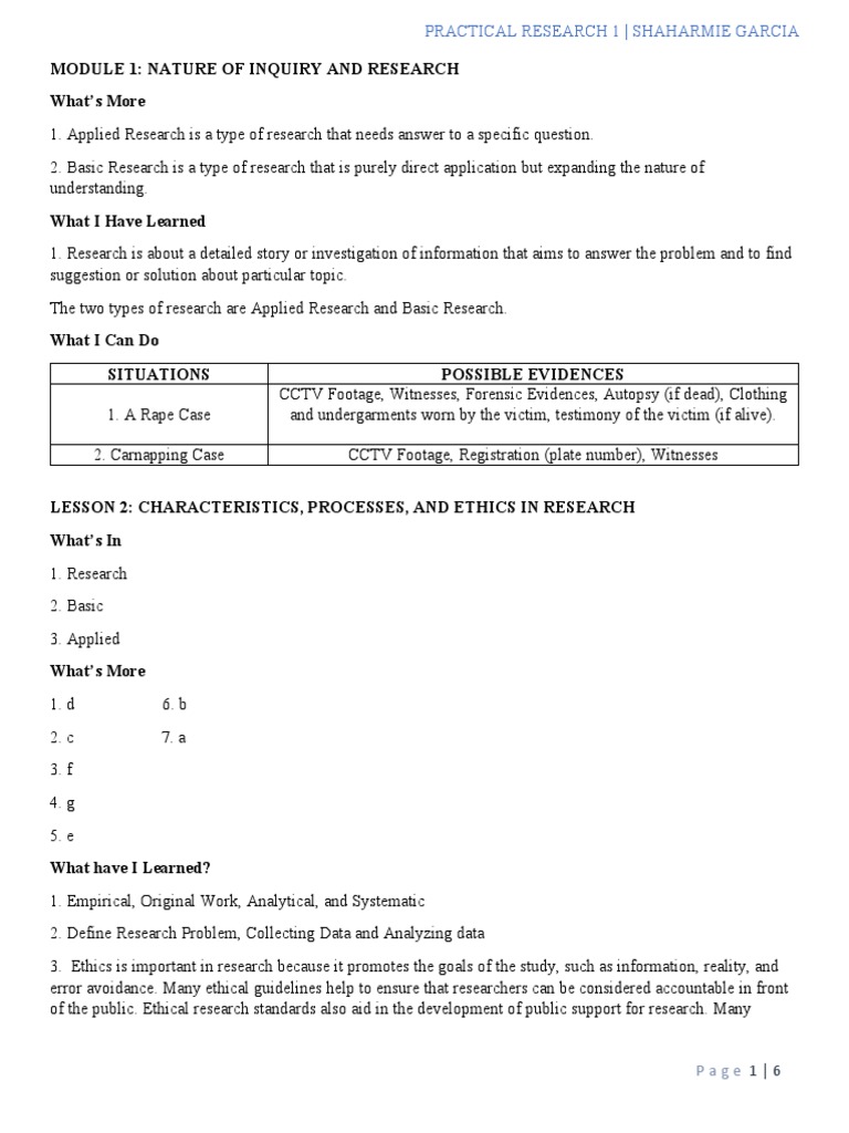 Module 1: Nature of Inquiry and Research What's More | PDF ...