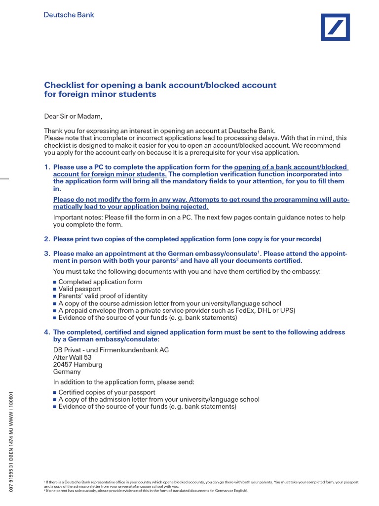 Checklist For Opening A Bank Account/blocked Account For Foreign Minor ...