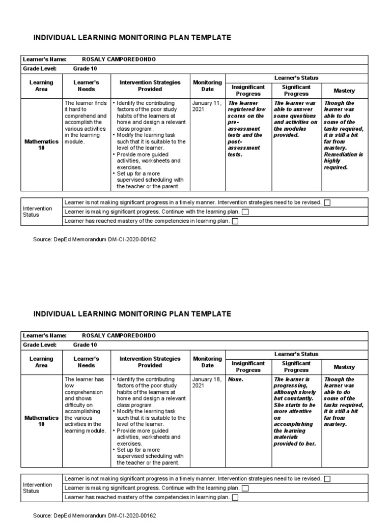 Individual Learning Monitoring Plan Template | PDF | Learning | Worksheet