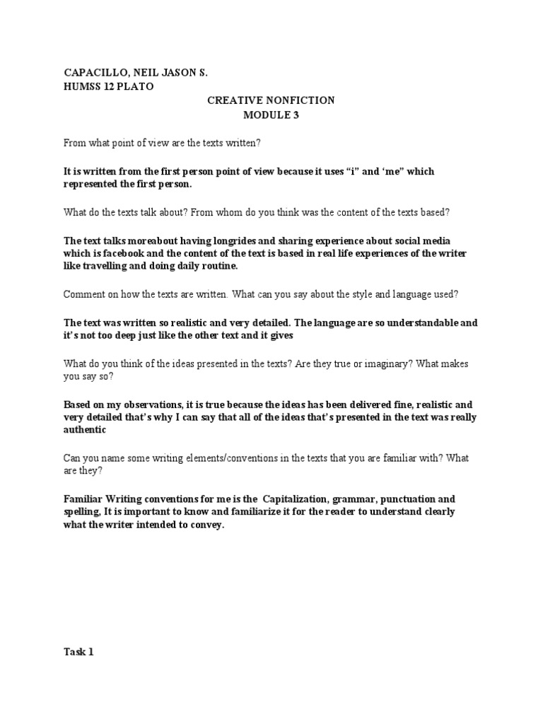 Capacillo - CNF Module 3 - Q3 | PDF | Creative Nonfiction | Narration