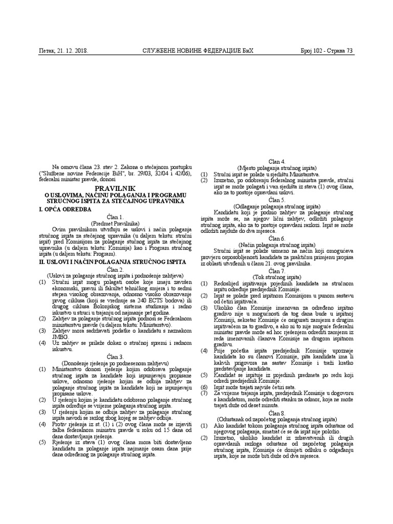 Pravilnik o Uslovima, Načinu Polaganja I Programu Stručnog Ispita Za Stečajnog Upravnika | PDF