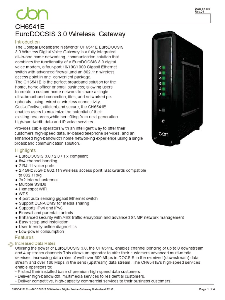 Ch6541E Eurodocsis 3.0 Wireless Gateway: Data Sheet Rev.01 | PDF | Wi ...