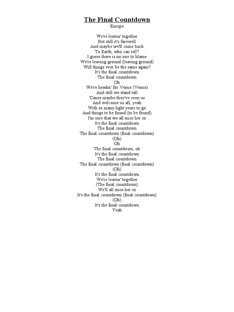 Final Countdown Lyrics by Europe | PDF