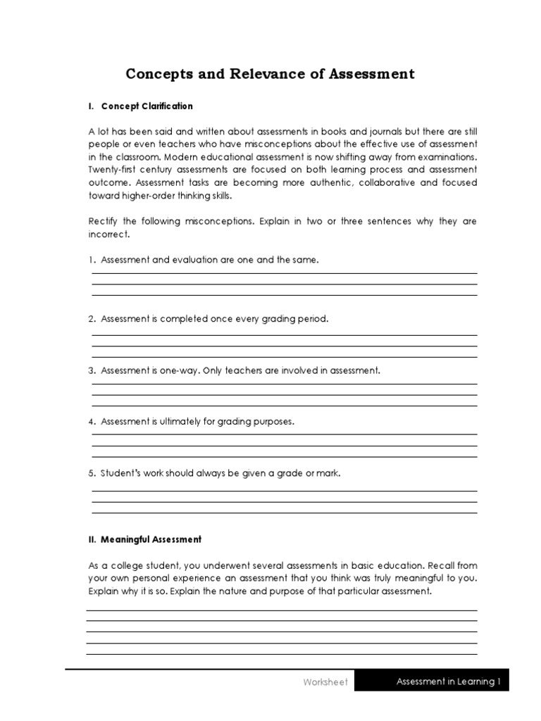 1 Concepts and Relevance of Assessment Worksheet | PDF | Educational ...