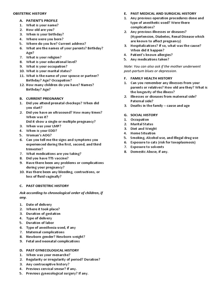 Obstetric History A. Patient'S Profile E. Past Medical and Surgical ...