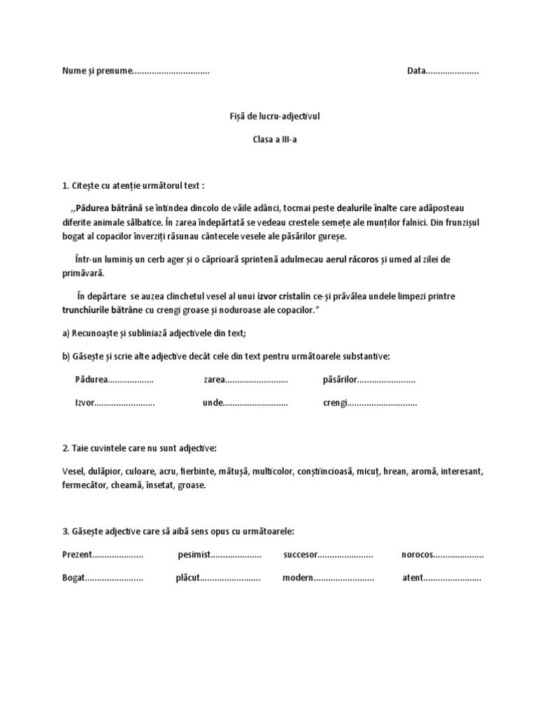 Fișă de Lucru Adjectiv | PDF