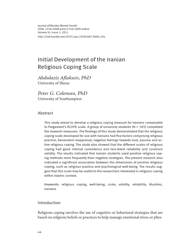 Initial Development of The Iranian Religious Coping Scale | PDF ...