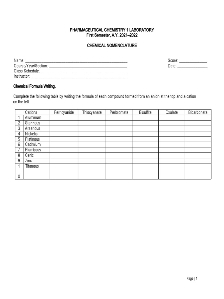 Phchem 1B - Quiz #1 - Chemical Nomenclature - Chemical Formula Writing ...
