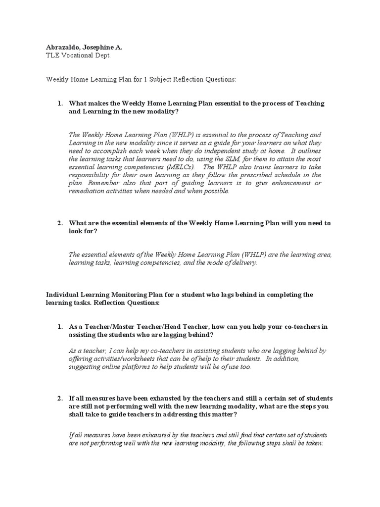 Weekly Home Learning Plan For 1 Subject Reflection Questions | PDF ...