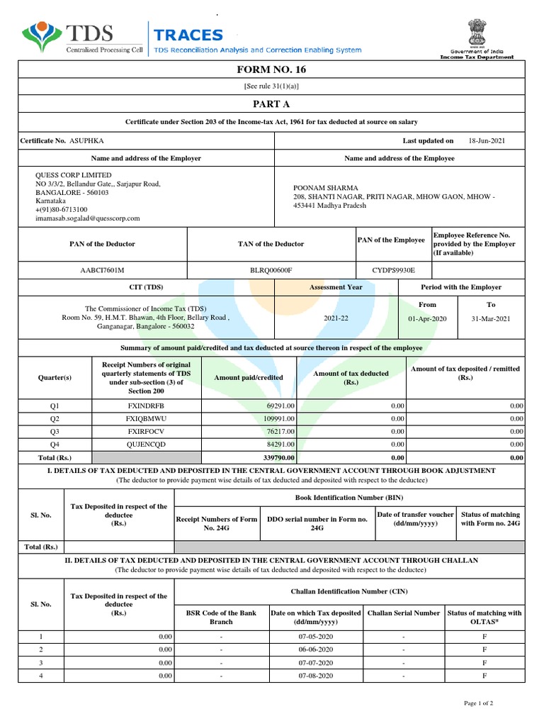 Form 16-Part A - 2020-2021 | PDF | Signature | Services (Economics)
