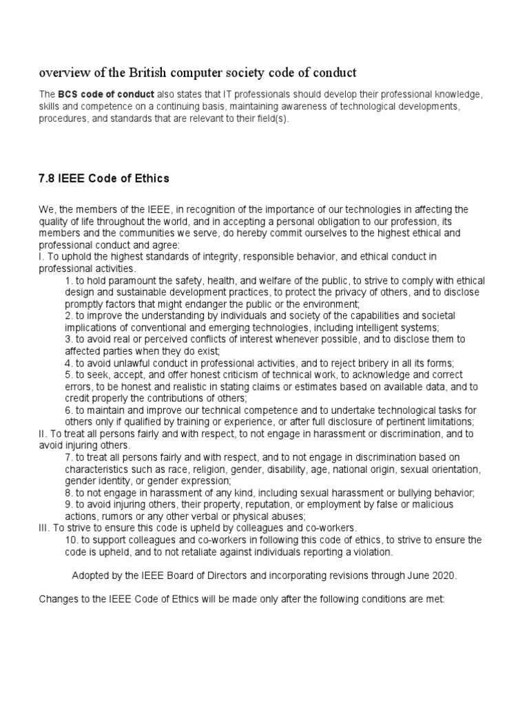Overview of The British Computer Society Code of Conduct | PDF ...