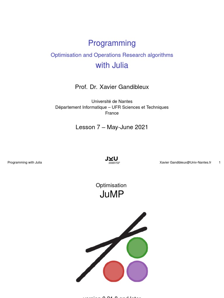 JuMP Optimization with Julia Guide | PDF | Mathematical Optimization | Applied Mathematics