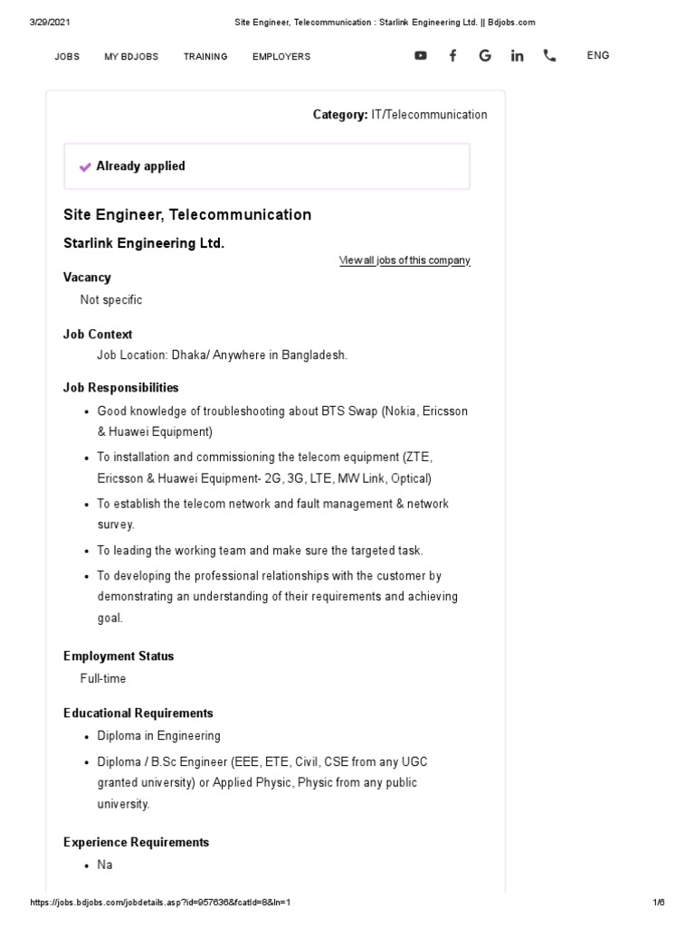 Telecom Site Engineer Role | PDF | Mobile App | Linked In