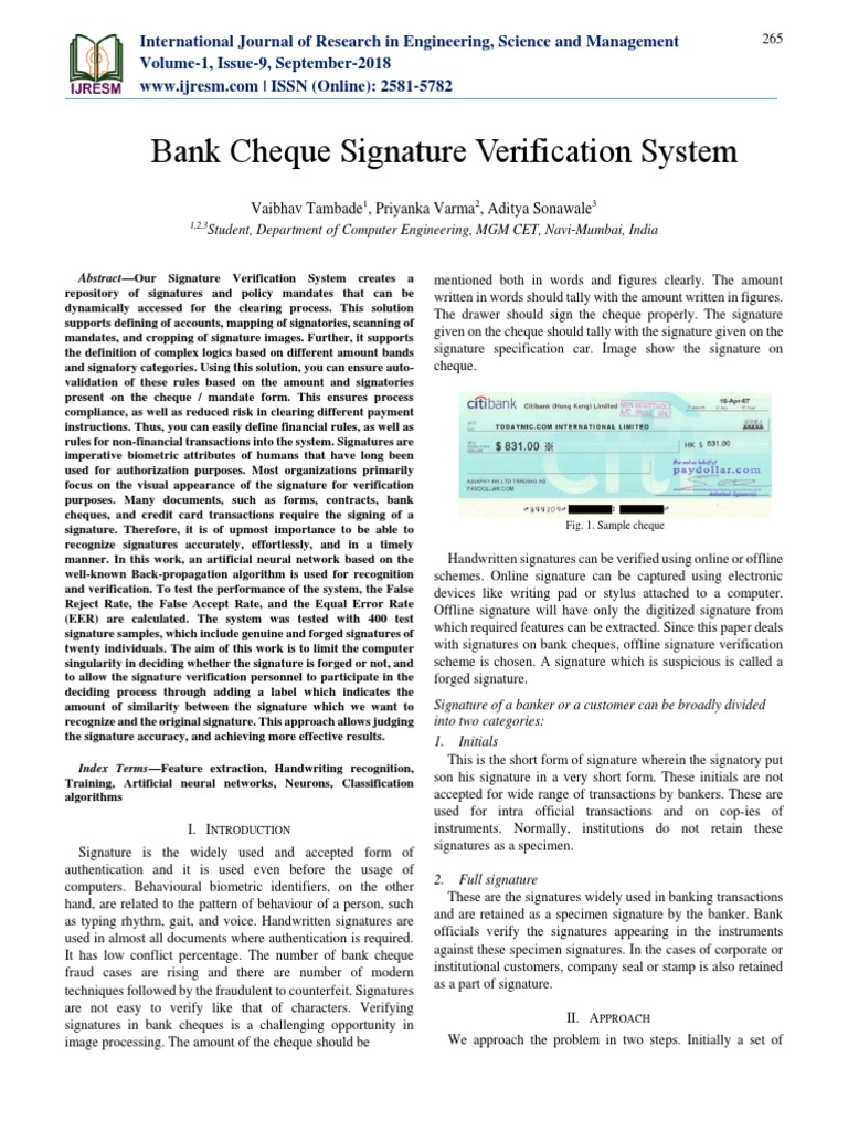 Bank Cheque Signature Verification System | PDF | Signature | Cheque