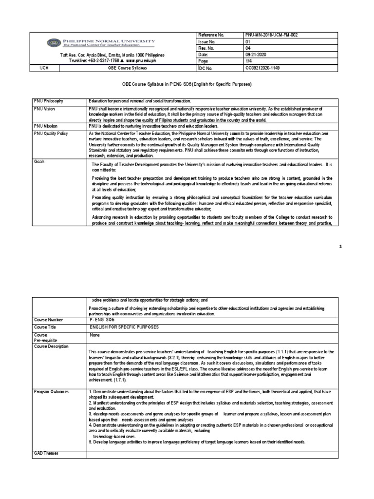 OBE Syllabus for English for Specific Purposes | PDF | English As A ...