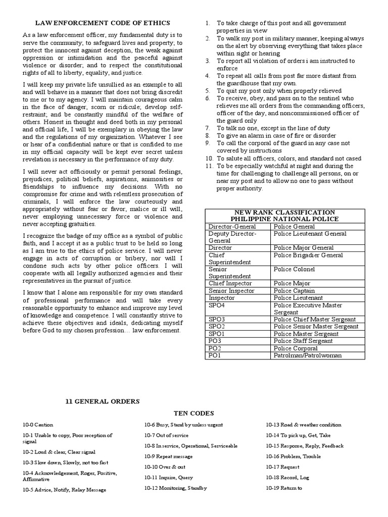 Law Enforcement Code of Ethics | PDF | Police | Inspector