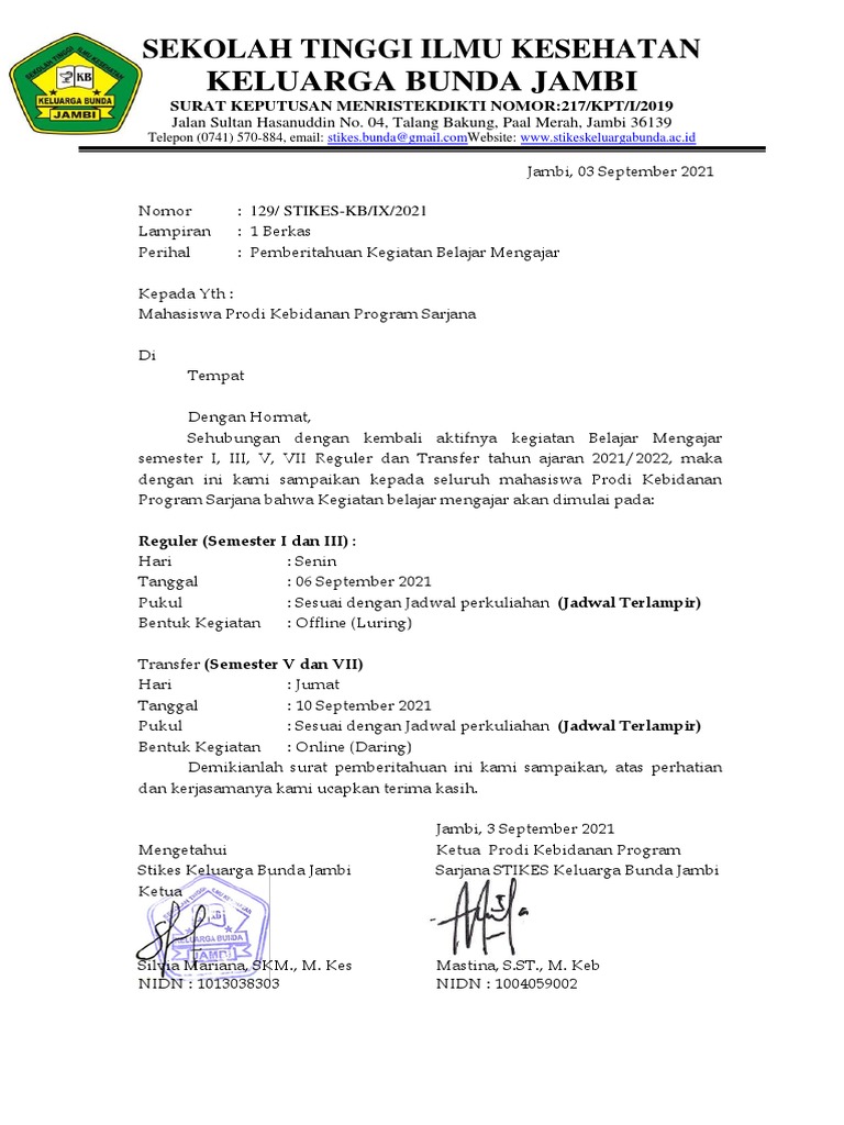 129 Surat Pemberitahuan Mahasiswa Proses Belajar Mengajar | PDF