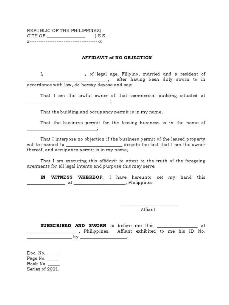 Law - Affidavit of No Objection Business Permit Registered Name | PDF