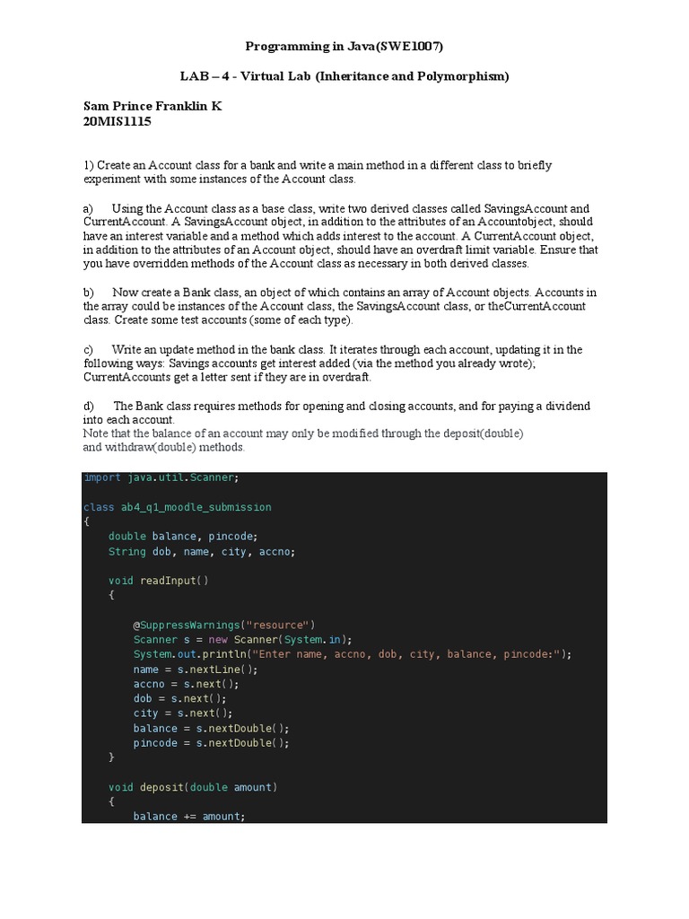 Lab 4 - Virtual Lab - 20MIS1115 | PDF | Method (Computer Programming) | Inheritance (Object ...