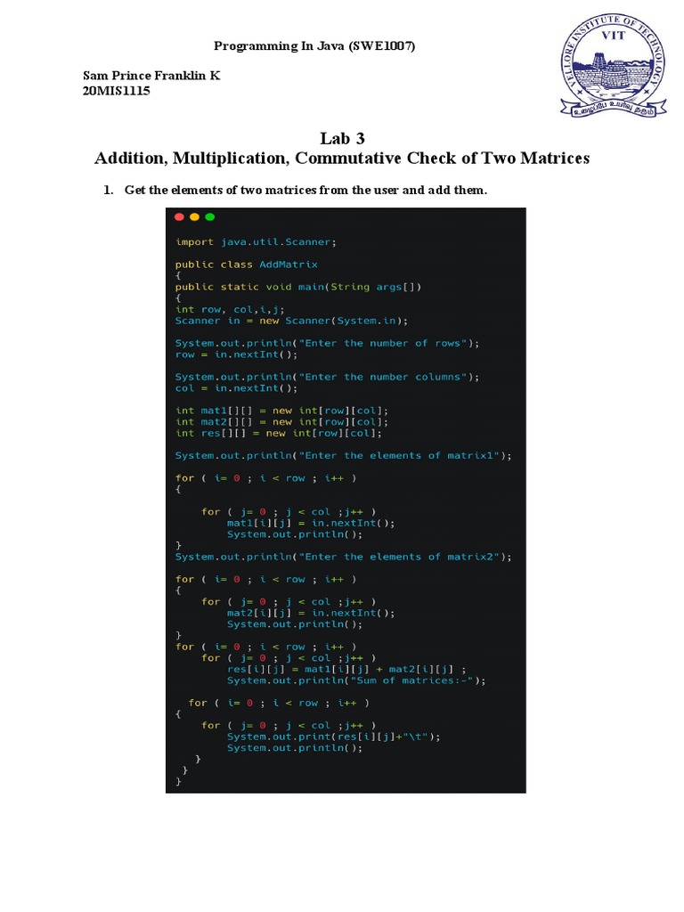 Lab 3 - Addition, Multiplication, Cummutative - Sam Prince Franklin - 20MIS1115 | PDF