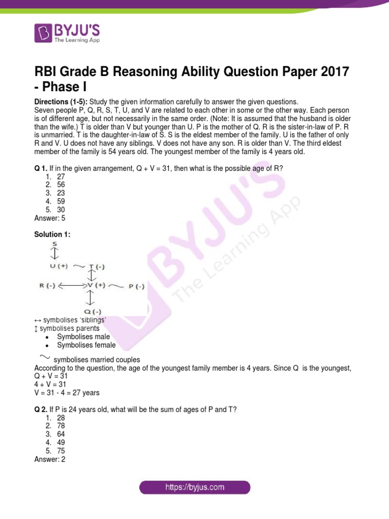 RBI Grade B Reasoning Ability Question Paper 2017 Phase I | PDF ...