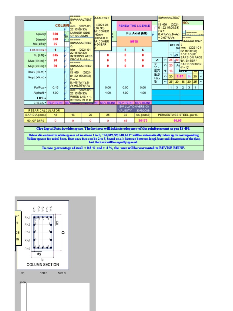 Design of Rectangular RCC Column Using SP 16 Spreadsheet | PDF | Column | Bending