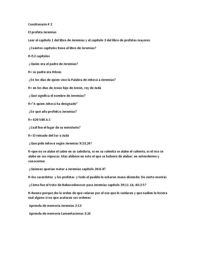 Cuestionario 2 Jeremias. | PDF