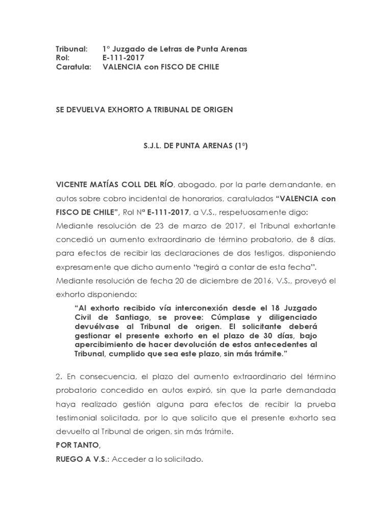 Devolucion Exhorto E-111-2017 1° Juzgado Punta Arenas | PDF
