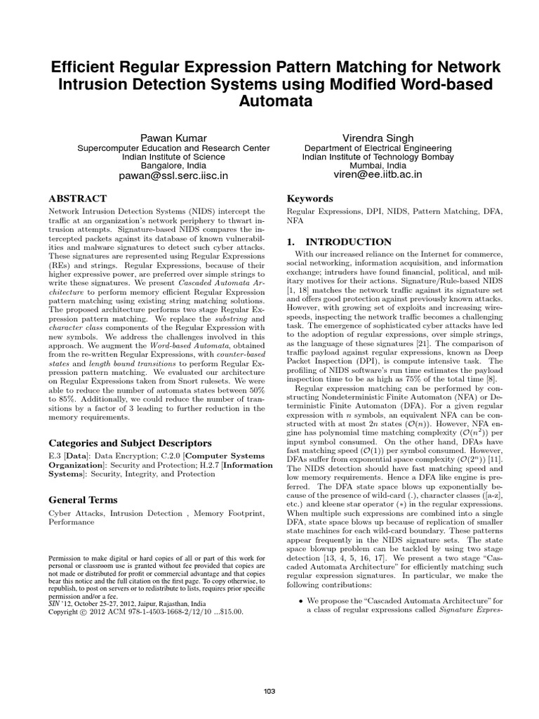 Efficient Regular Expression Pattern Matching For Network Intrusion Detection Systems Using