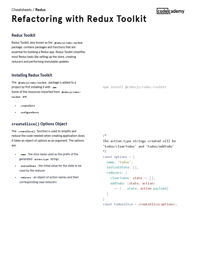 Redux - Refactoring With Redux Toolkit Cheatsheet - Codecademy | PDF | Software Development ...