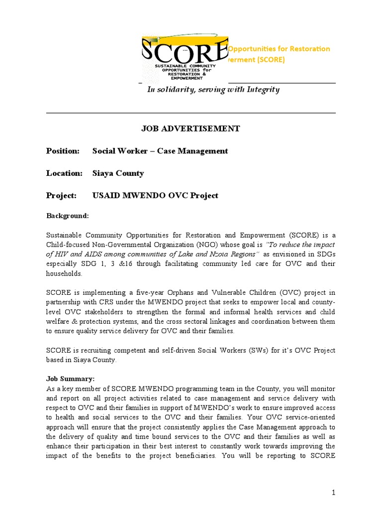 Score Job Advert For Social Worker-October 2020 Final | PDF ...