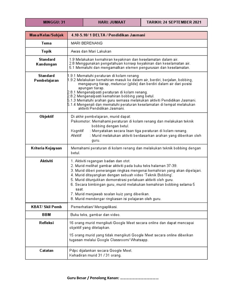 RPH PJ Tahun 1 | PDF