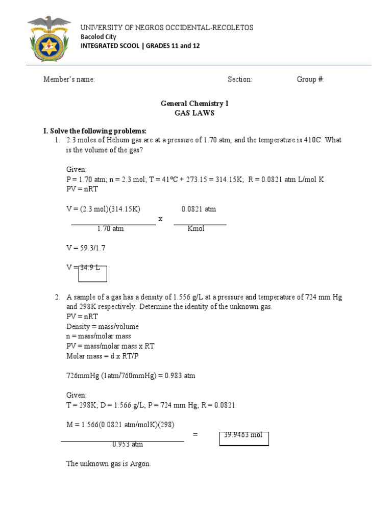 General Chemistry I Gas Laws I. Solve The Following Problems | PDF ...