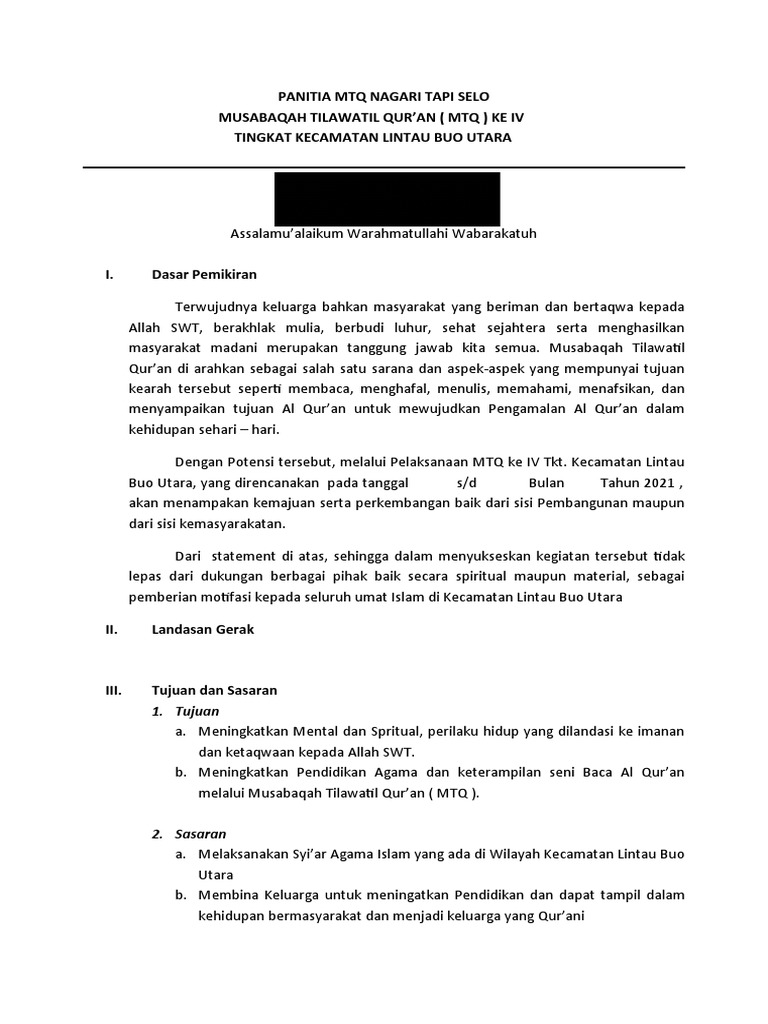 Proposal MTQ IV Kecamatan Lintau Buo | PDF