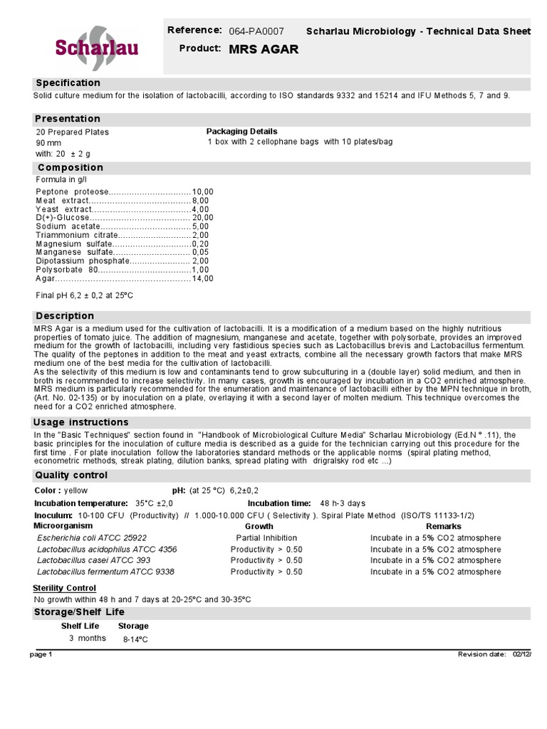Mrs Agar: Reference: Product: Scharlau Microbiology - Technical Data ...