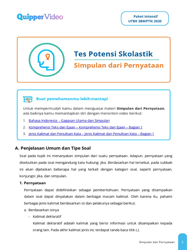 Simpulan Pernyataan UTBK SBMPTN 2020 | PDF
