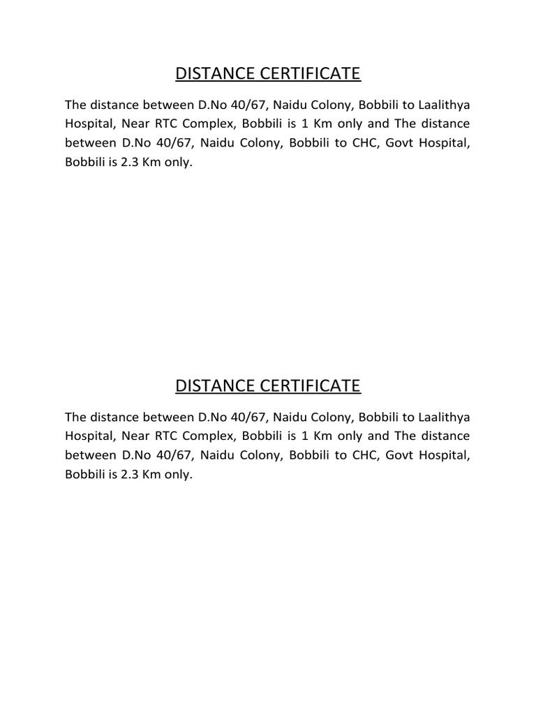 Distance Certificate for Medical Reimbursement | PDF