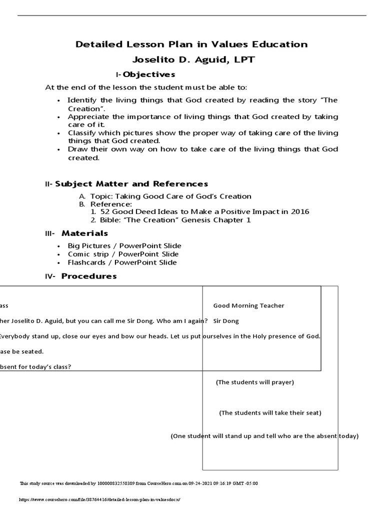 Detailed Lesson Plan in Values Education Joselito D. Aguid, LPT | PDF