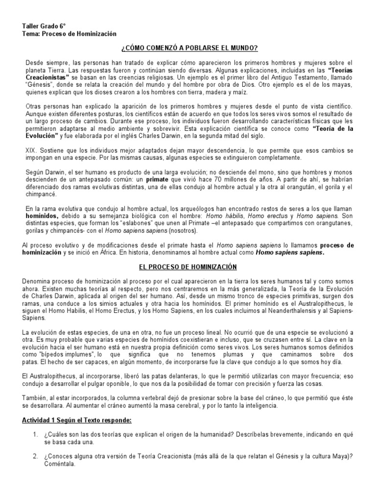 Taller Grado 6 Hominización | PDF | Homo | Evolución humana