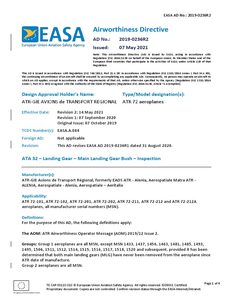 Airworthiness Directive: Design Approval Holder's Name: Type/Model ...
