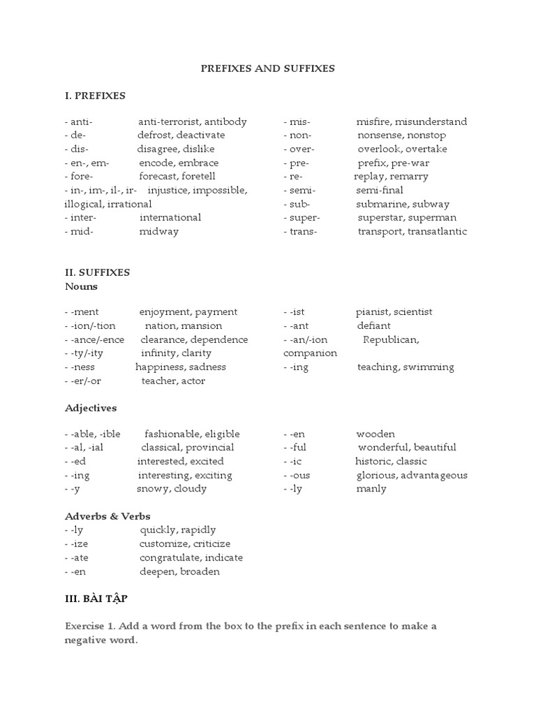 Prefixes And Suffixes I. Prefixes: Iii. Bài Tập | PDF | Grammar ...