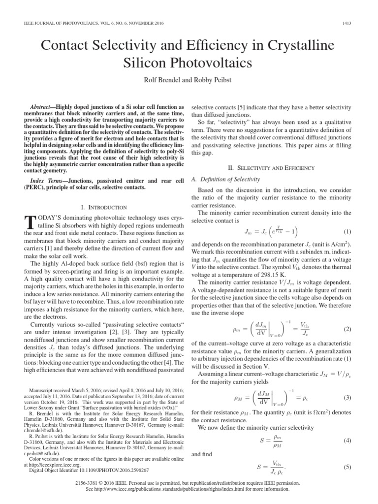 2016 Contact Selectivity and Efficiency in Crystalline Silicon ...